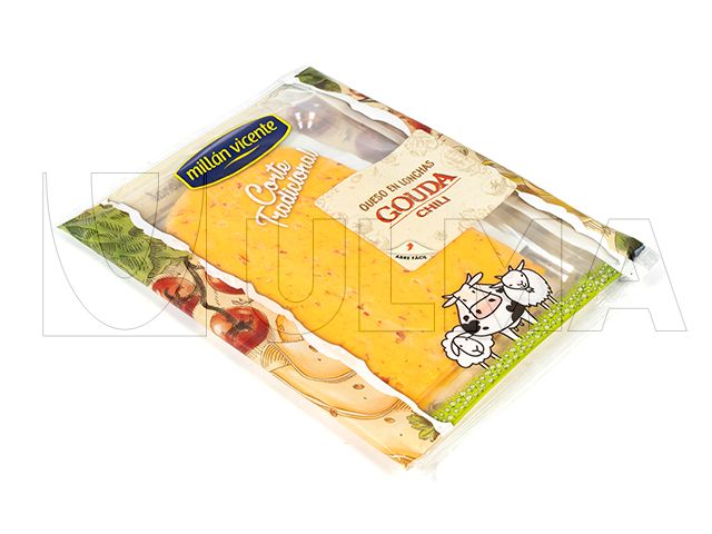 Sliced cheese packaging in resealable flow pack (hffs) with side seal ...