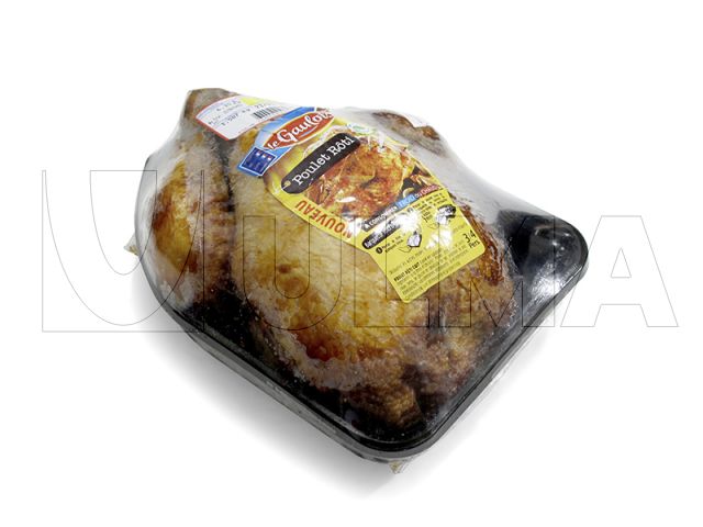Roasted whole chicken in flow pack with tray and shrink barrier film ...