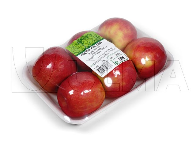 Pink lady apples tray packaging in stretch film — ULMA Packaging