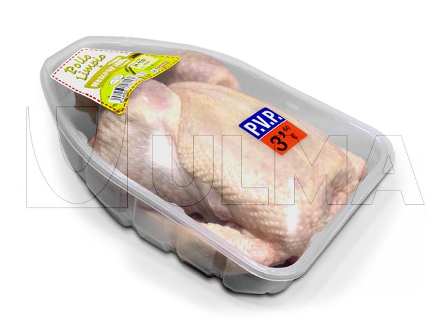 Envasado de pollo entero en bandeja termosellada en atmósfera ...